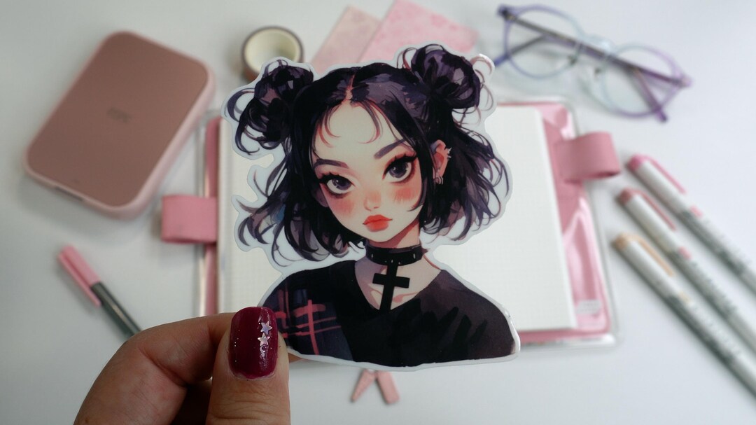 Black Hair Buns Sticker, Anime Girl Sticker, Emo Sticker, Goth Sticker ...
