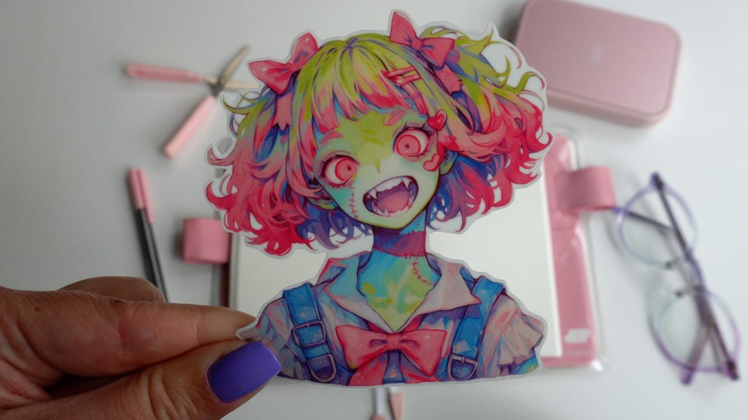Fanged Zombie Girl Sticker - Kawaii Undead Monster With Colorful Hair ...