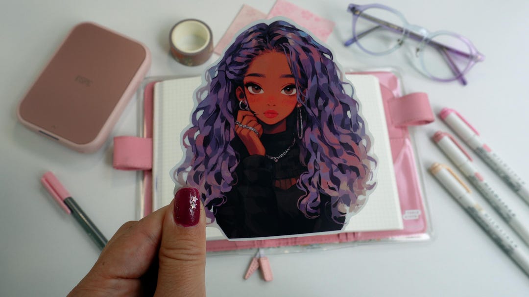 Kawaii Anime Girl Sticker, Purple Hair Sticker, Goth Girl Sticker, Cute ...