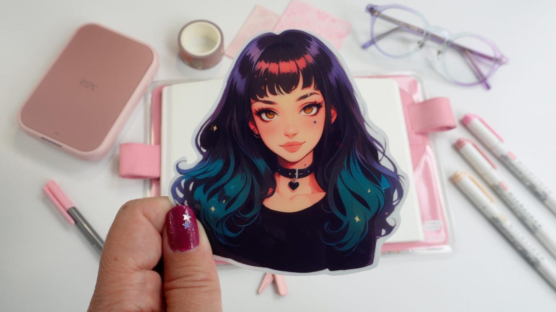 Edgy Anime Girl Sticker, Teal Ombre Hair, Goth Aesthetic, Fashion ...