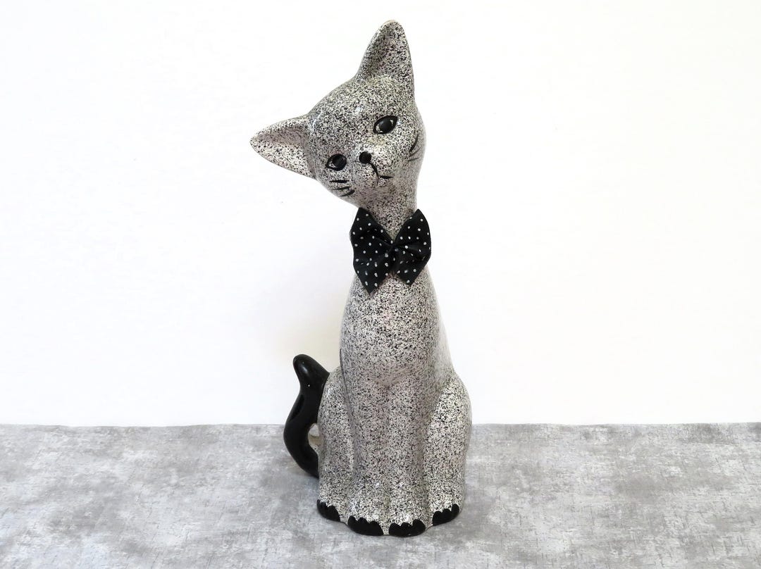 Tall Ceramic Cat Figurine With Large Eyes, 10.5 High, Black & White Cat ...