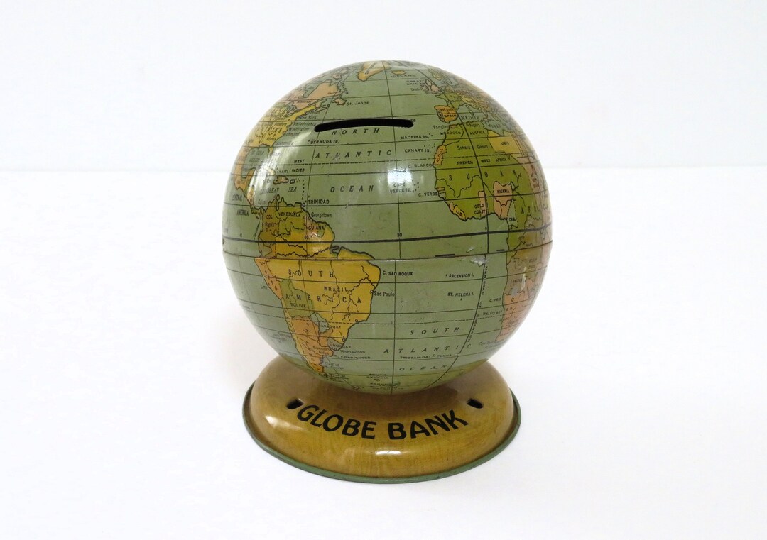 Vintage Globe Bank, J. Chein Co., C. 1940s, Coin Bank, Miniature World ...