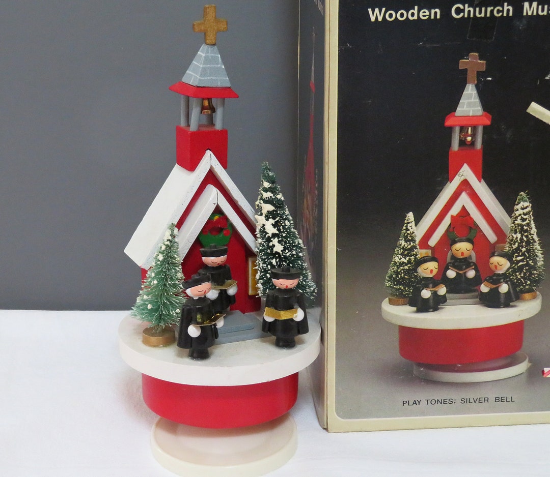 Vintage Wooden Church Musical, Plays Silver Bell, Rotating Music Box ...