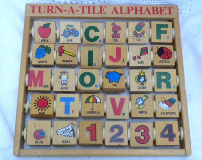 Vintage Wooden Alphabet Game, Turn-a-tile Alphabet, Two-sided, Learning ...