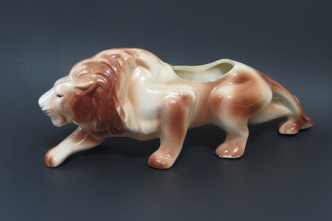 Vintage Ceramic Lion Planter, 1960s, 14" Long, Tan and Brown, Hand Painted Facial Features ...