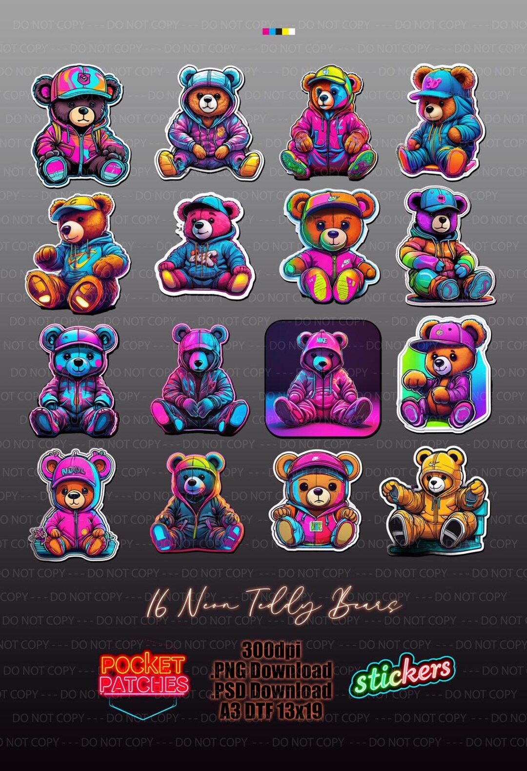 16 Neon Teddy Bears Sticker Set or Pocket Patches for DTF DTG HTV ...