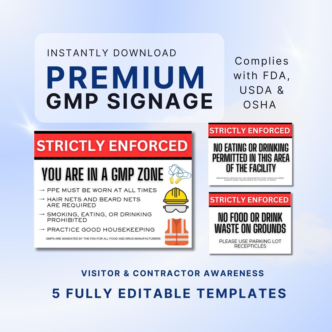 No Smoking Printable Sign GMP Signs No Eating or Drinking Sign Editable ...