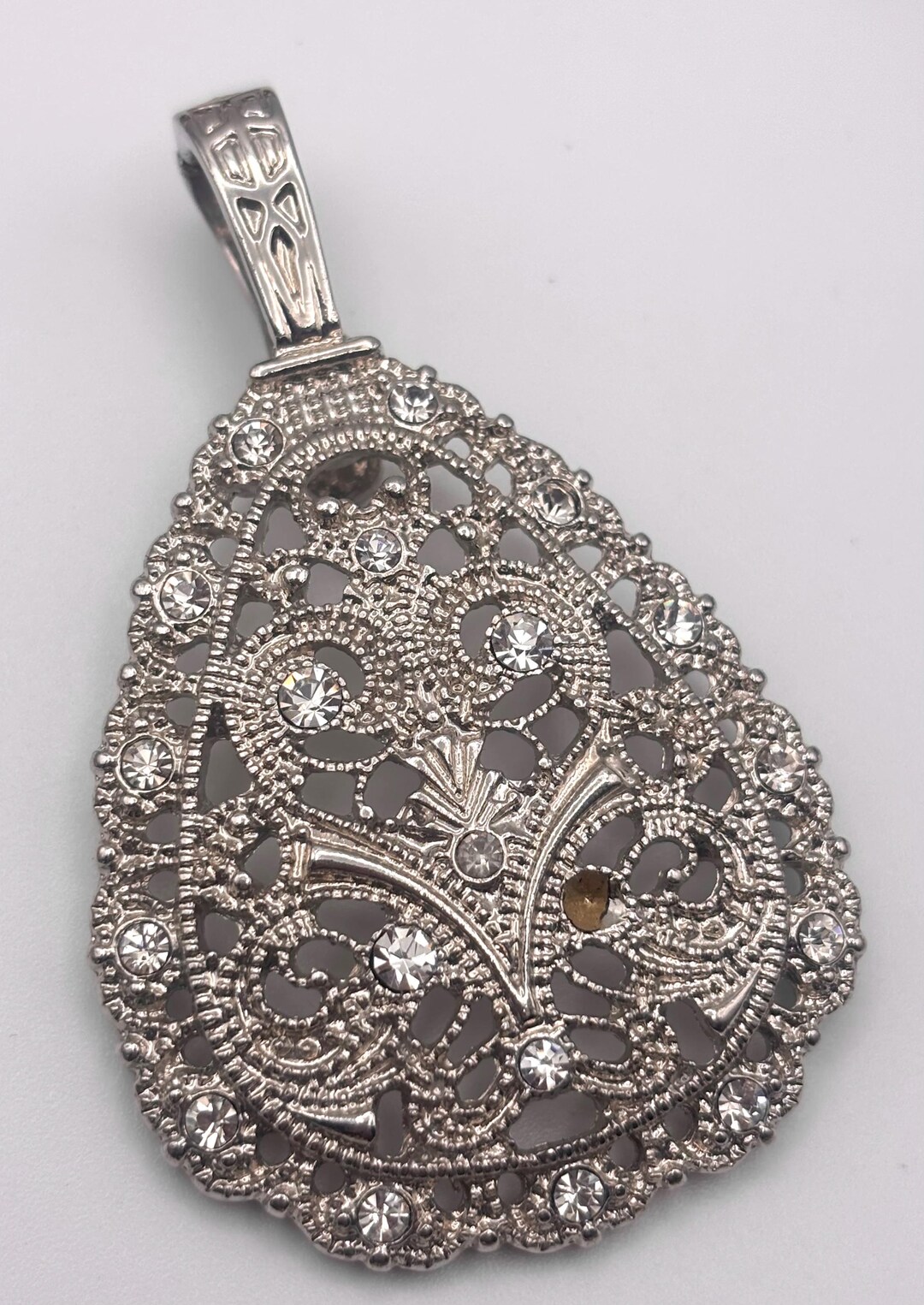 90s Rhinestone Filigree Pendant Silver Tone White Clear Rhinestones ...