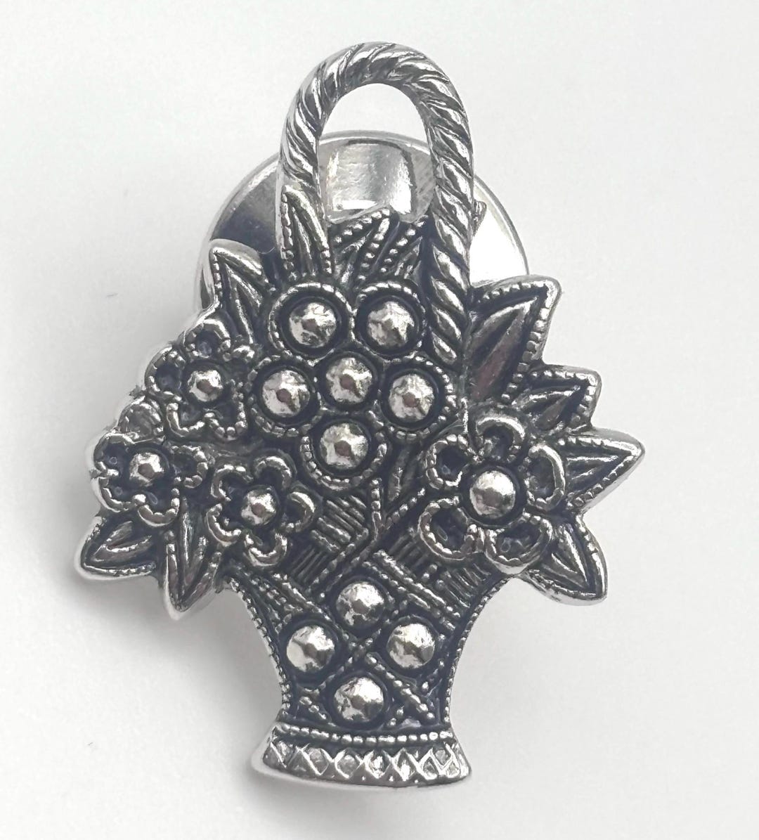 Vintage 80s Avon Flower Basket Pin Silver Tone 3-D Realistic Embossed ...