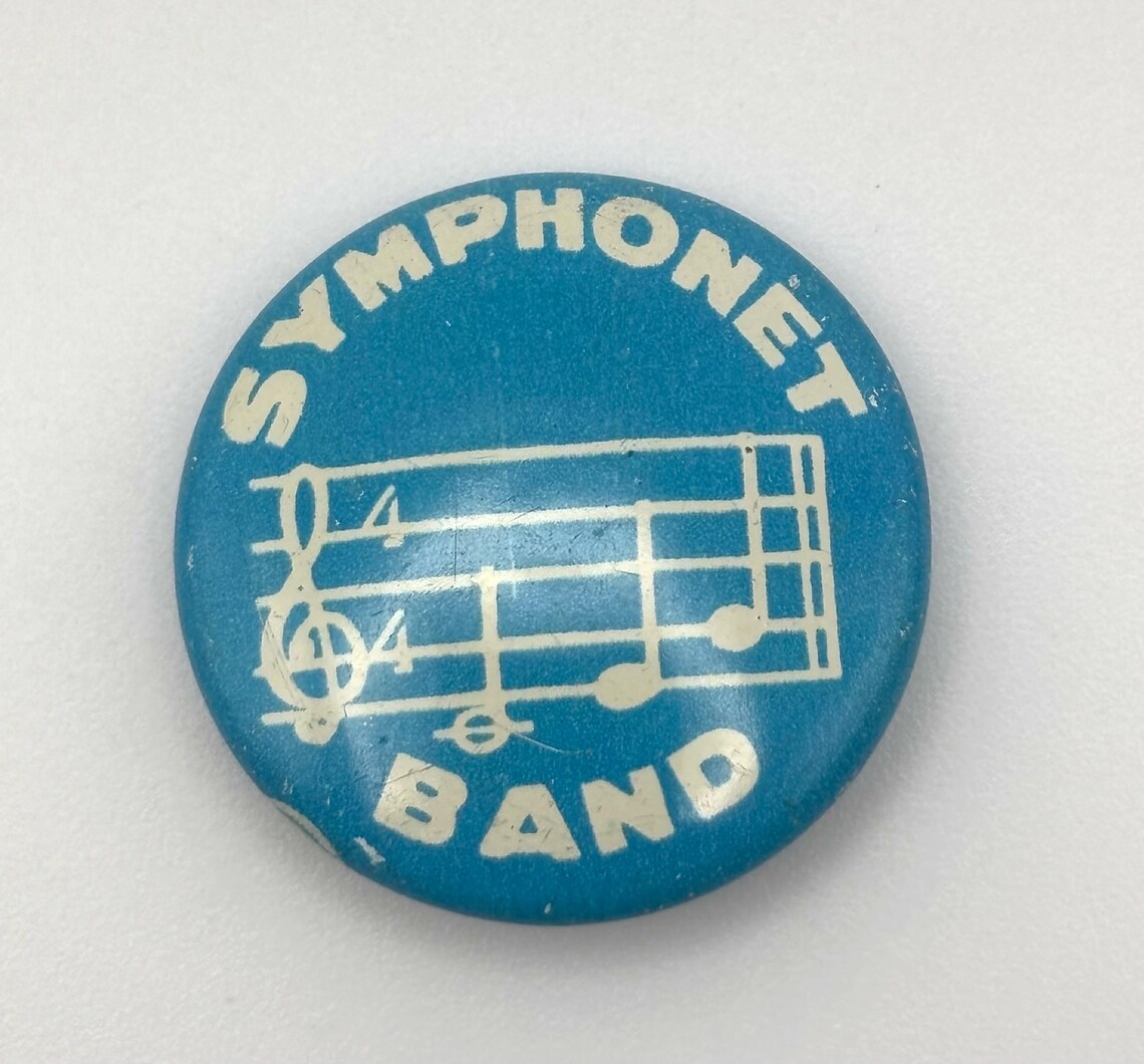Vintage 60s Symphonet Band Pinback Button Blue White Enamel Silver Tone ...