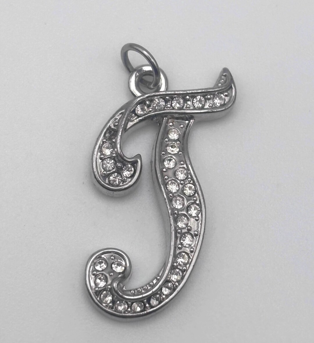Vintage 80s Letter T or J Initial Pendant Silver Tone Rhinestones ...