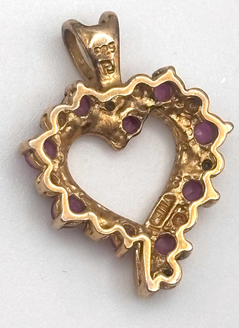 90s 925 Ruby Chip Diamond Ribbon Heart Pendant Sterling Silver Gold ...