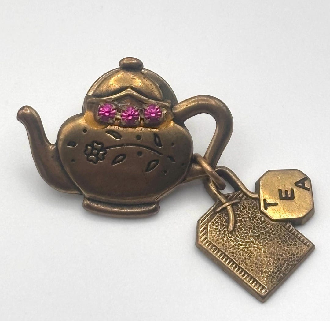 90s Teapot Pin Brass Tone Pink Rhinestones Tea Bag Tea Party - Etsy
