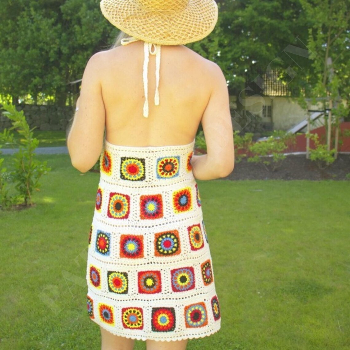 Crochet Boho Halter Dress Pattern for Summer Beachwear, Vibrant Granny ...
