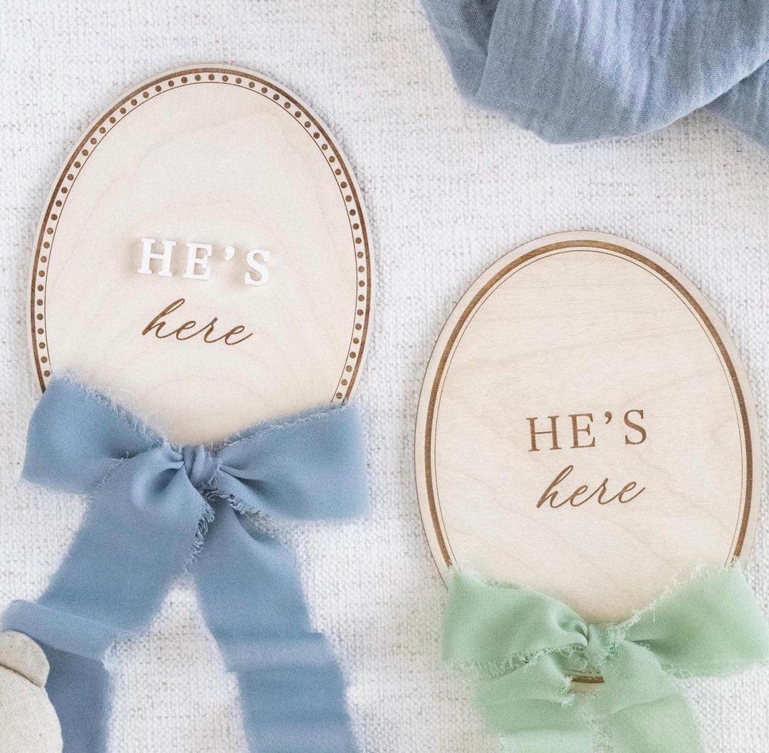 Wooden Trim He's Here Baby Birth Announcement, Hospital Sign, Ribbon ...