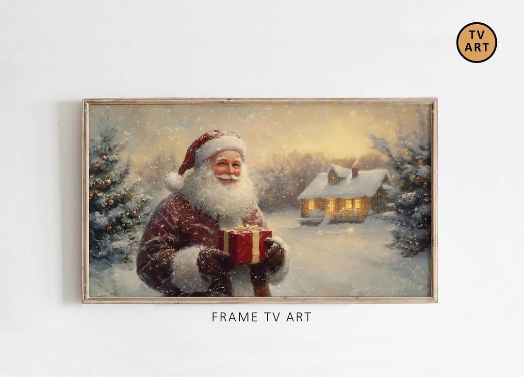 Santa Holding Christmas Gift Frame TV Art | Vintage-style Painting ...