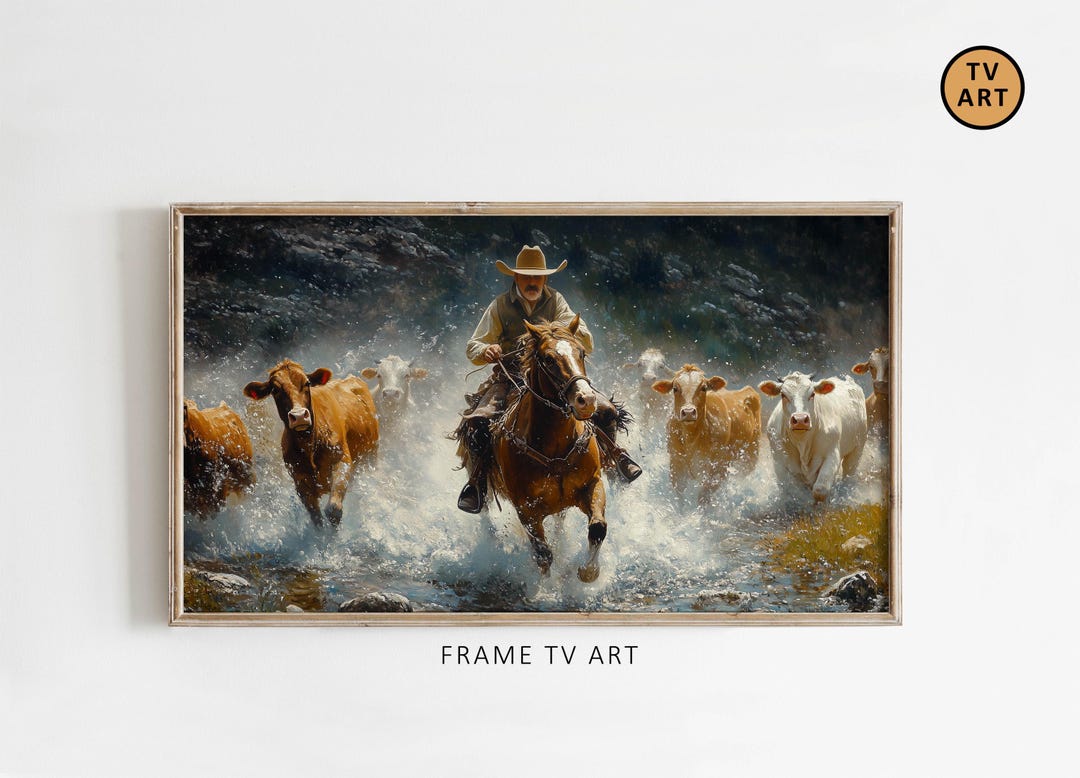 Cowboy Cattle Drive Art for Frame TV: Rustic Western Ranch Scene ...