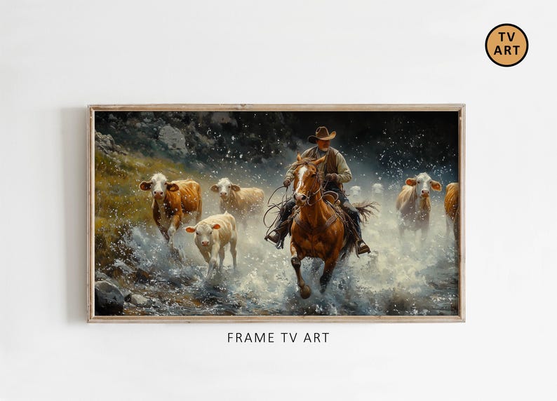Cowboy River Crossing Art | Western Cattle Drive Painting for Frame TV ...
