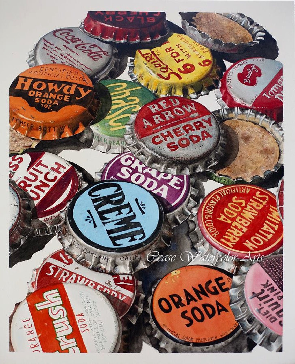 Antique Pop Bottle Caps pop Art Watercolor - Etsy
