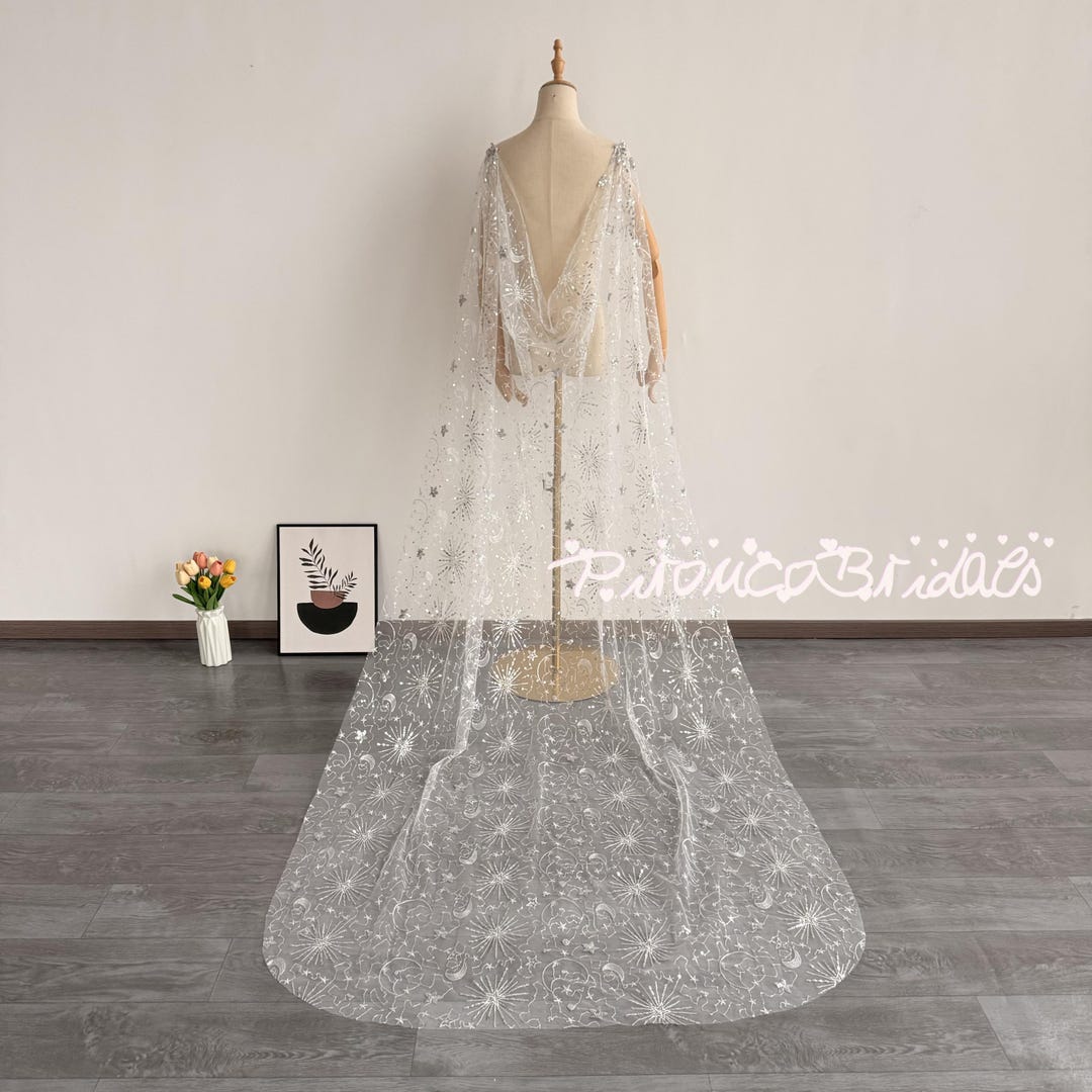 Sparkly Star Cape Shoulder V-back Cape Veil, Fairy Silver White Star ...