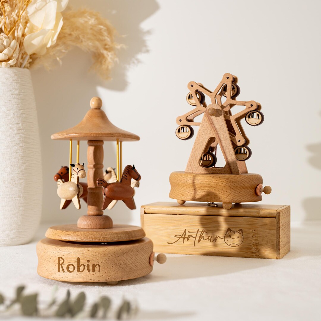 Musical Wooden Ballerina Carousels Keepsake, Engraved Name Music Box ...