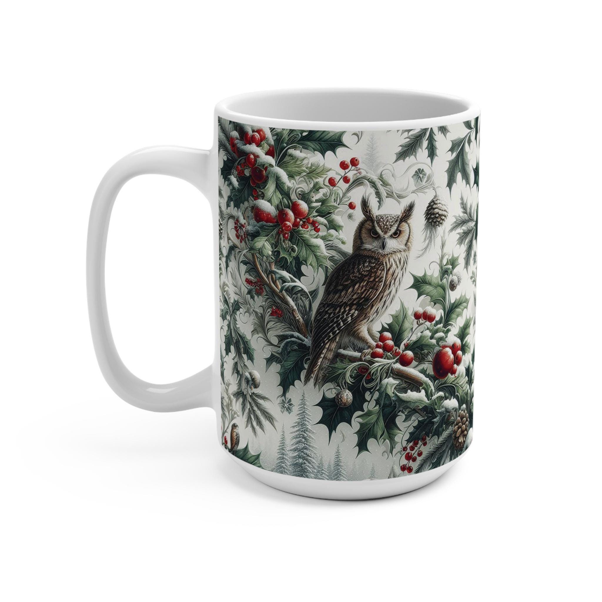 Horned Owl Holiday Mug, Festive Owl Coffee Cup, Winter Bird Tea Mug ...