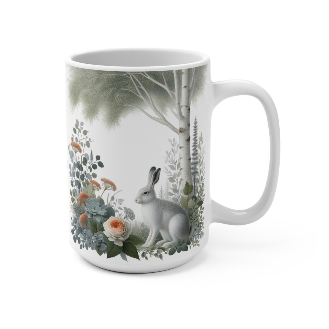 Botanical Hare Ceramic Mug, Floral Rabbit Coffee Cup - Etsy