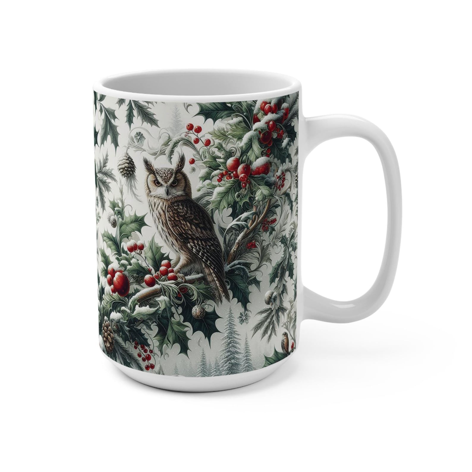 Horned Owl Holiday Mug, Festive Owl Coffee Cup, Winter Bird Tea Mug ...