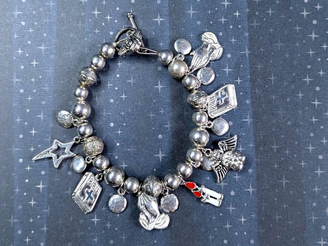 Religious Charm Bracelet: Bible, Angel, Prayer Charms, Toggle Clasp ...