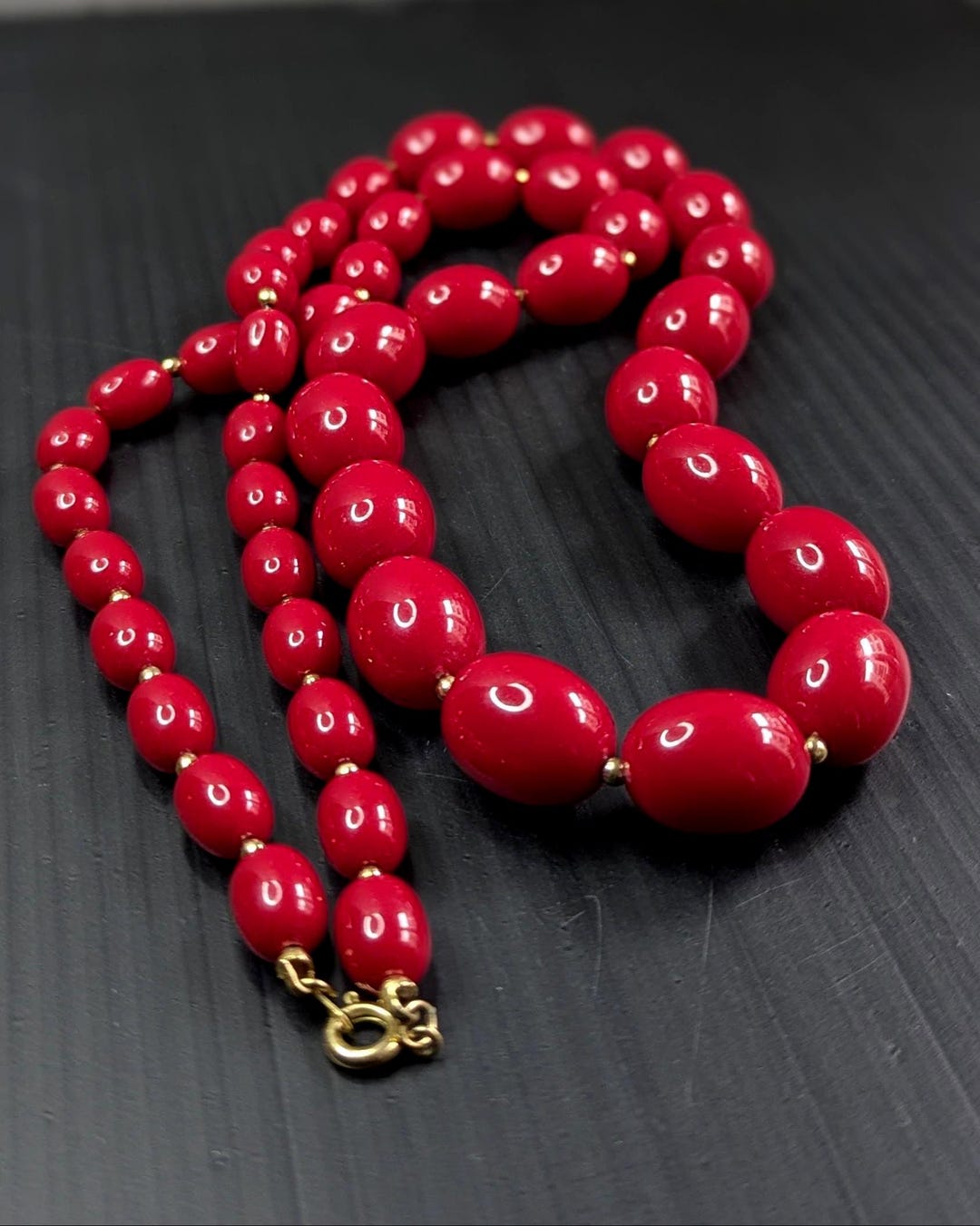 Vintage Cherry Red Bead Necklace: 1960s Bright Red Oval Beads Lucite ...
