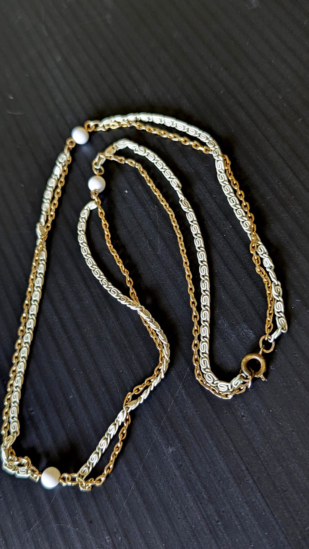 Vintage Two-strand Chain Necklace: White Enamel Spiral, White Beads ...