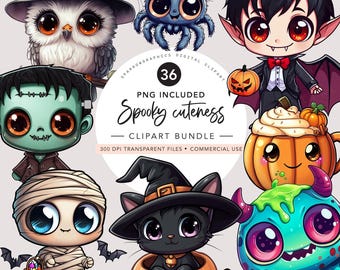 Cute Spooky Cartoon Halloween Clipart Bundle, Pumpkin Stickers ...