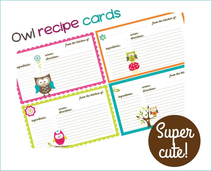 Cute Owl Themed Recipe Cards Digital Sheet Collage Sheet | Etsy