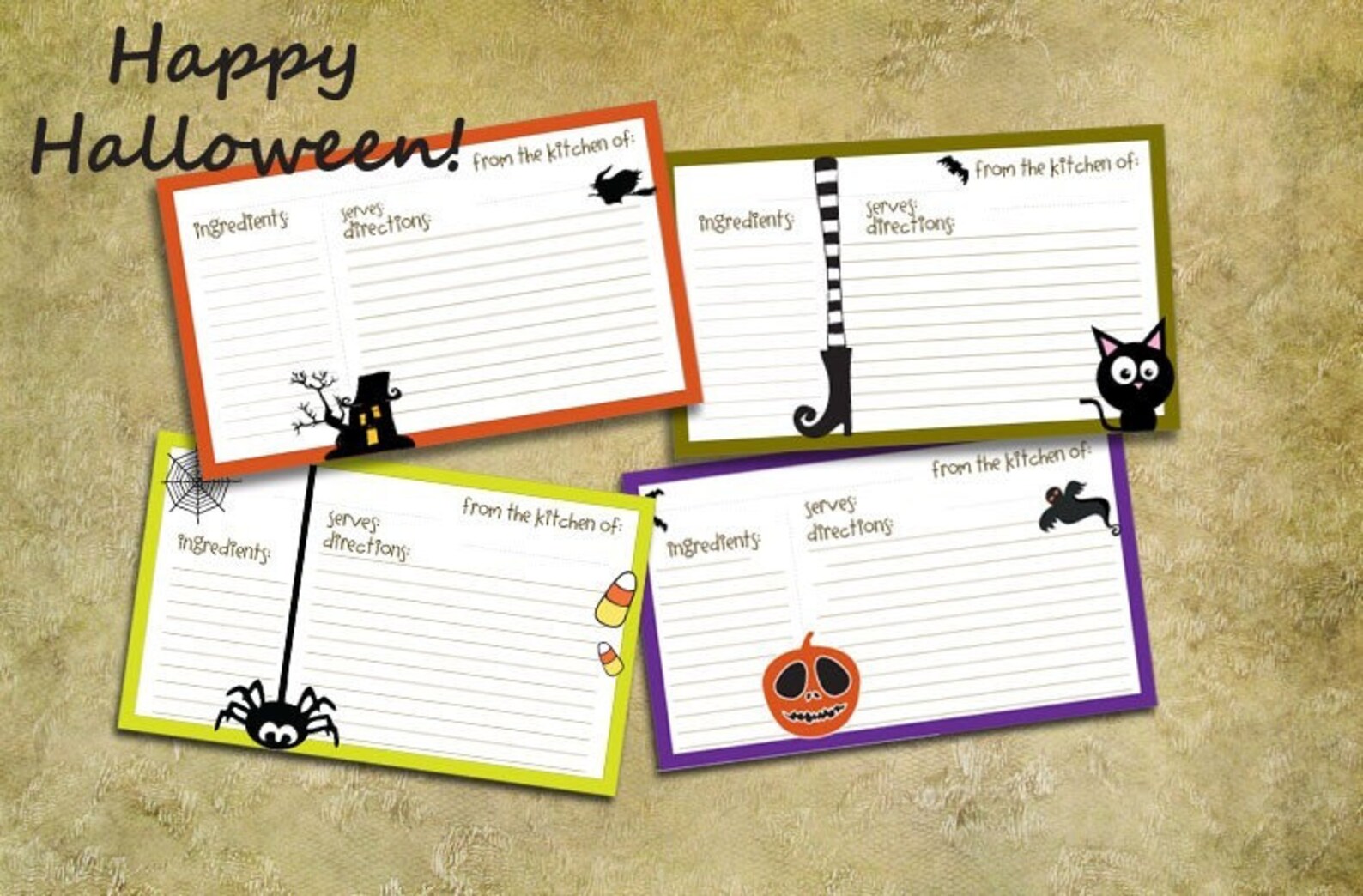 Recipe Cards - Spooky Halloween - Printables - Four (4) Handmade ...