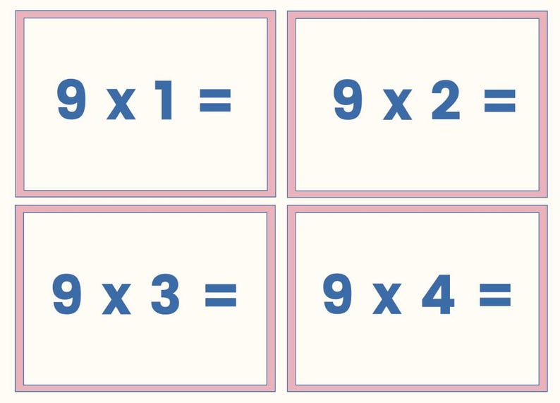 Printable 9x Times Tables Multiplication Flashcards Pastels Educational ...
