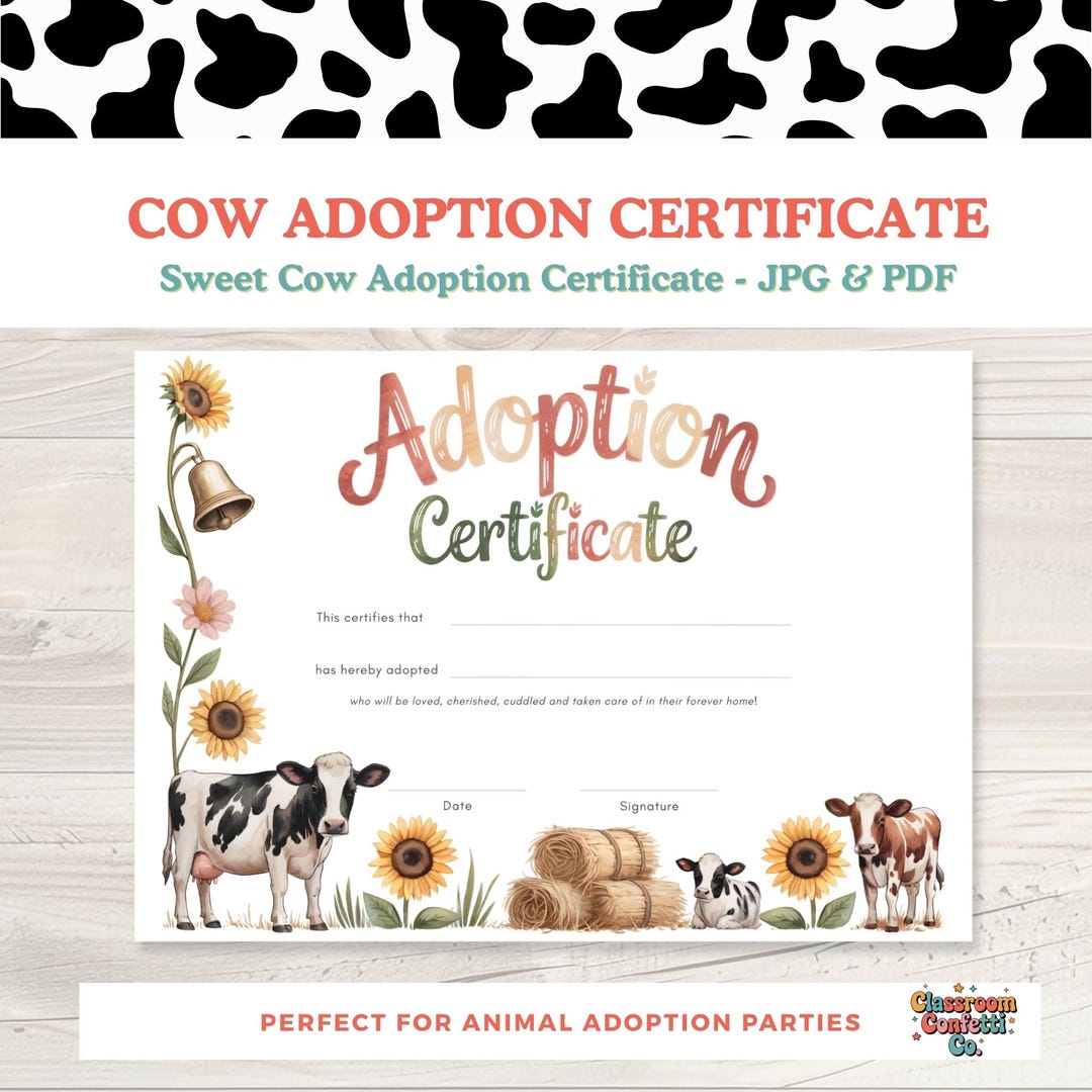 Adoption Certificate Cow, Printable PDF Keepsake, Farm Animal Adoption ...