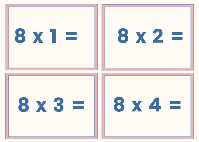 Printable 8x Times Tables Multiplication Flashcards Pastels Educational ...