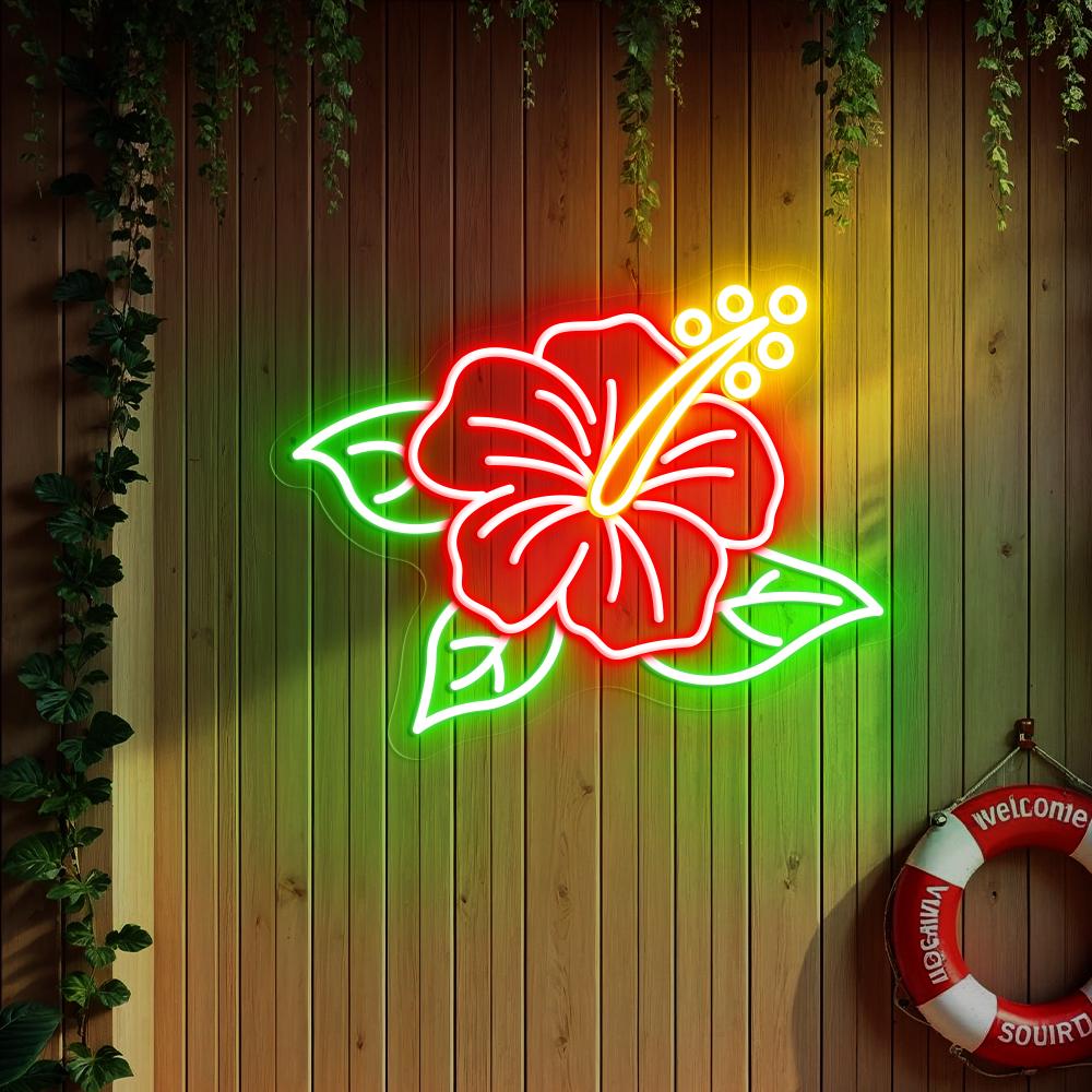 Hibiscus Neon Sign - Tropical Flower LED Wall Light for Beach Bar, Tiki ...