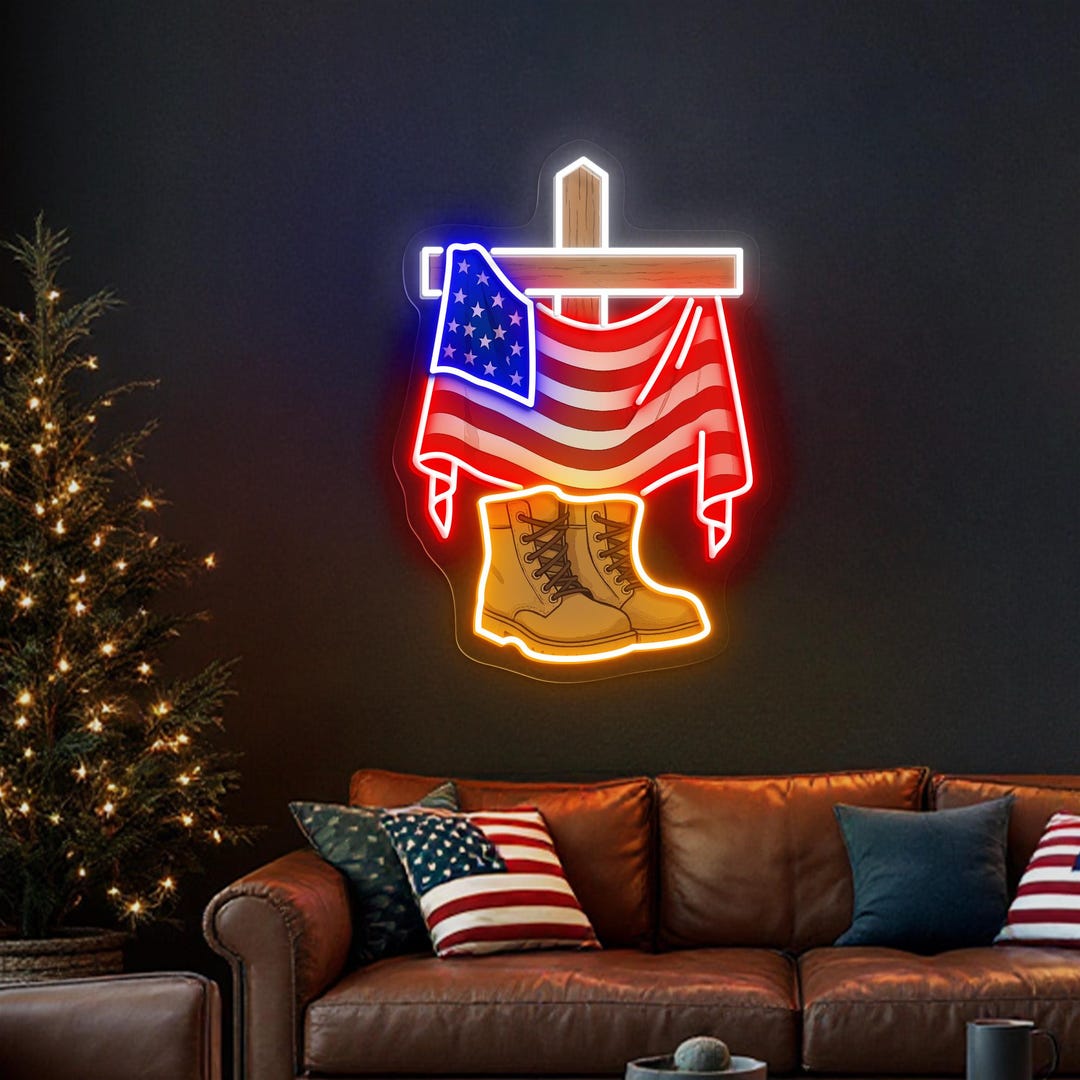 USA Veteran Memorial Cross Neon Sign, American Flag Neon Sign ...