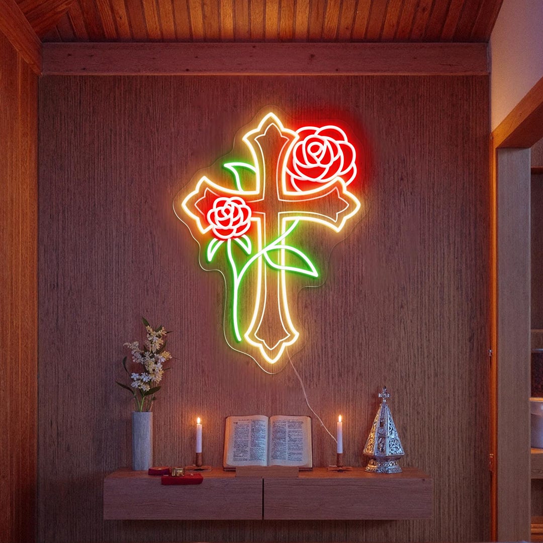 Cross With Rose Flowers Neon Sign, Jesus Neon Sign, Cross Led Light ...