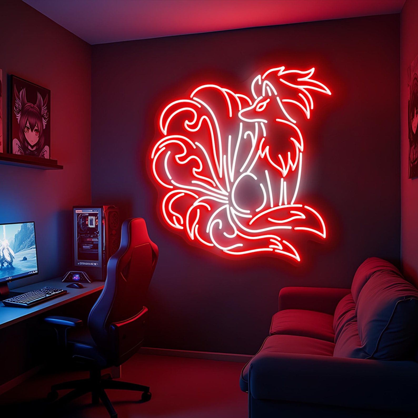 Nine Tailed Fox Anime Neon Sign Kitsune LED Wall Art Anime Gaming Room ...