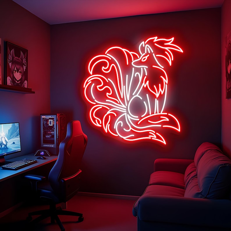 Nine Tailed Fox Anime Neon Sign Kitsune LED Wall Art Anime Gaming Room ...