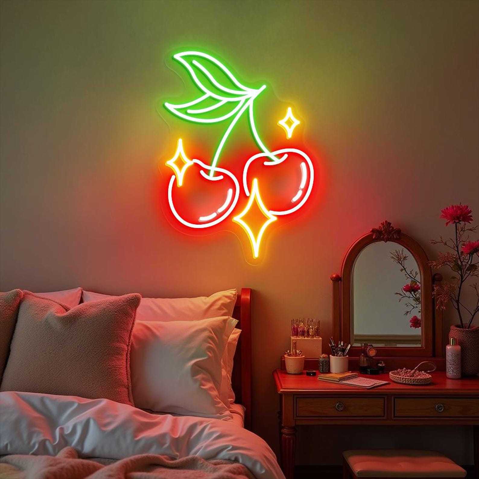 Cherry Bling Neon Sign Aesthetic LED Wall Light for Bedroom Bar Sign ...