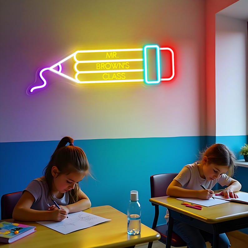 Personalized Teacher Name's Class Pencil LED Neon Sign Custom Classroom ...