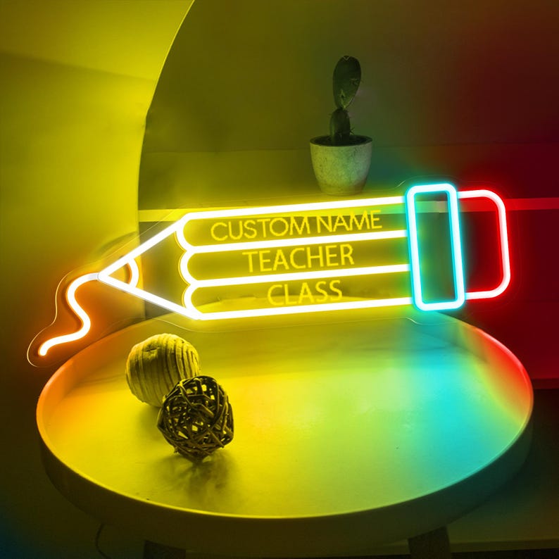 Personalized Teacher Name's Class Pencil LED Neon Sign Custom Classroom ...
