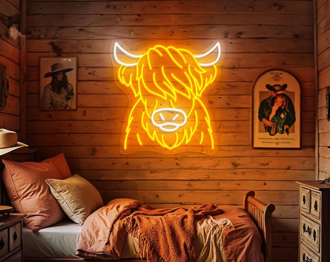 Cute Highland Cow Sitting Neon Sign | Baby Cow Sign | Cute Cow Decor ...