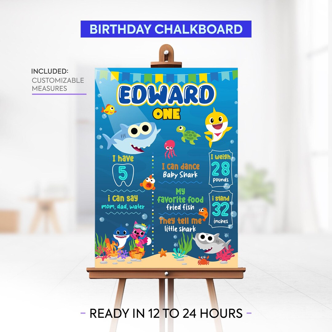 First Birthday Chalkboard Sign | Printable Baby Shark Themed Chalkboard ...