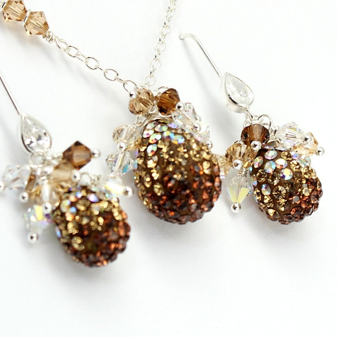 Topaz Cluster Necklace Dangle Drop Earrings, Champagne Topaz Brown ...