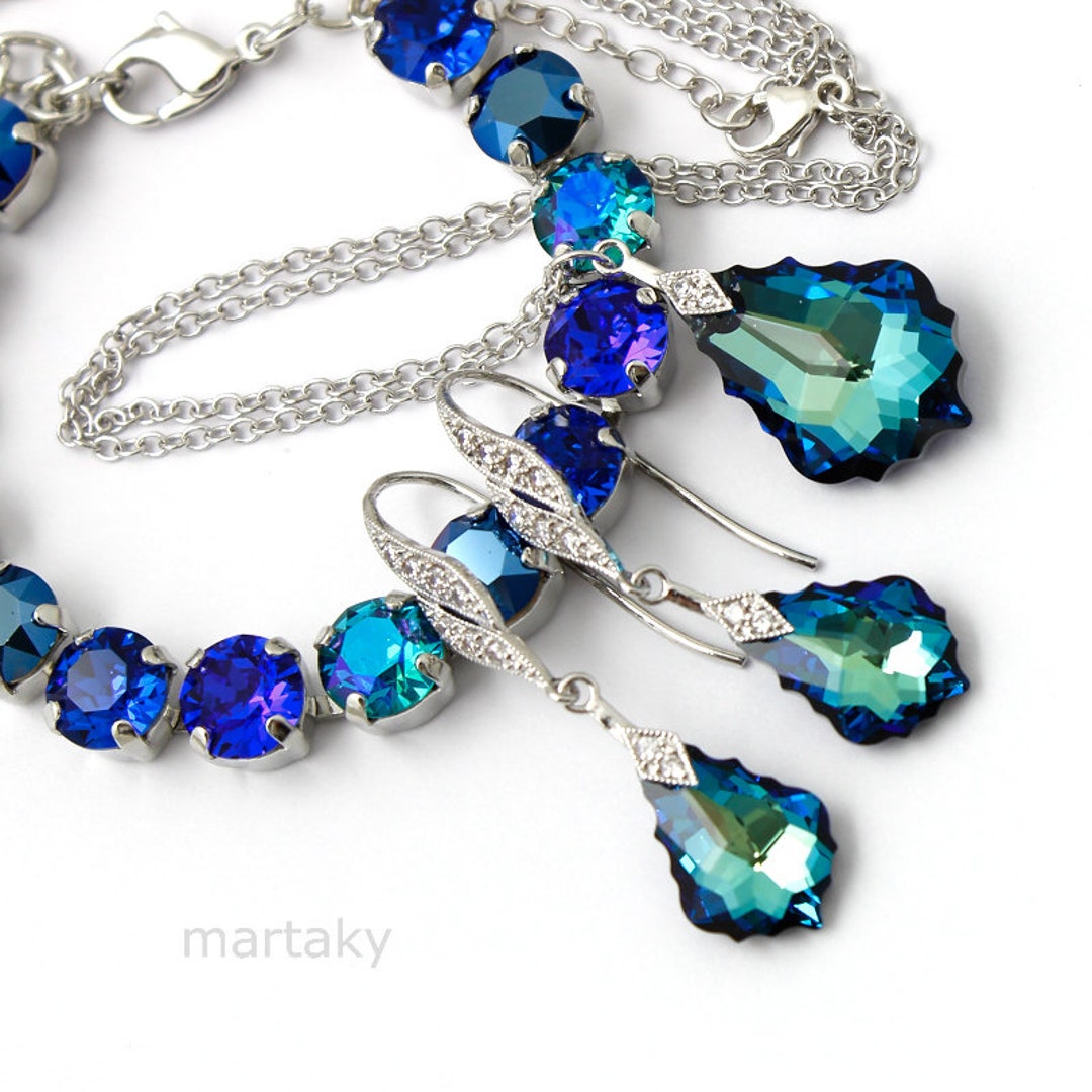 Blue Jewelry Set White Gold, Necklace Earrings Bracelet, Baroque ...