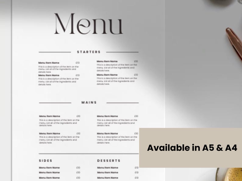 Restaurant Menu Template Minimal Design Printable Instant Download Menu ...